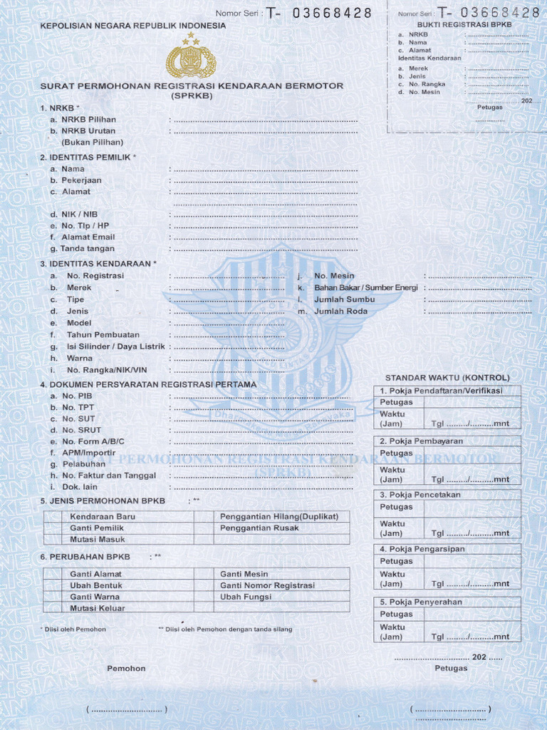 Surat Permohonan Registrasi Kendaraan Bermotor (SPRKB) | PDF
