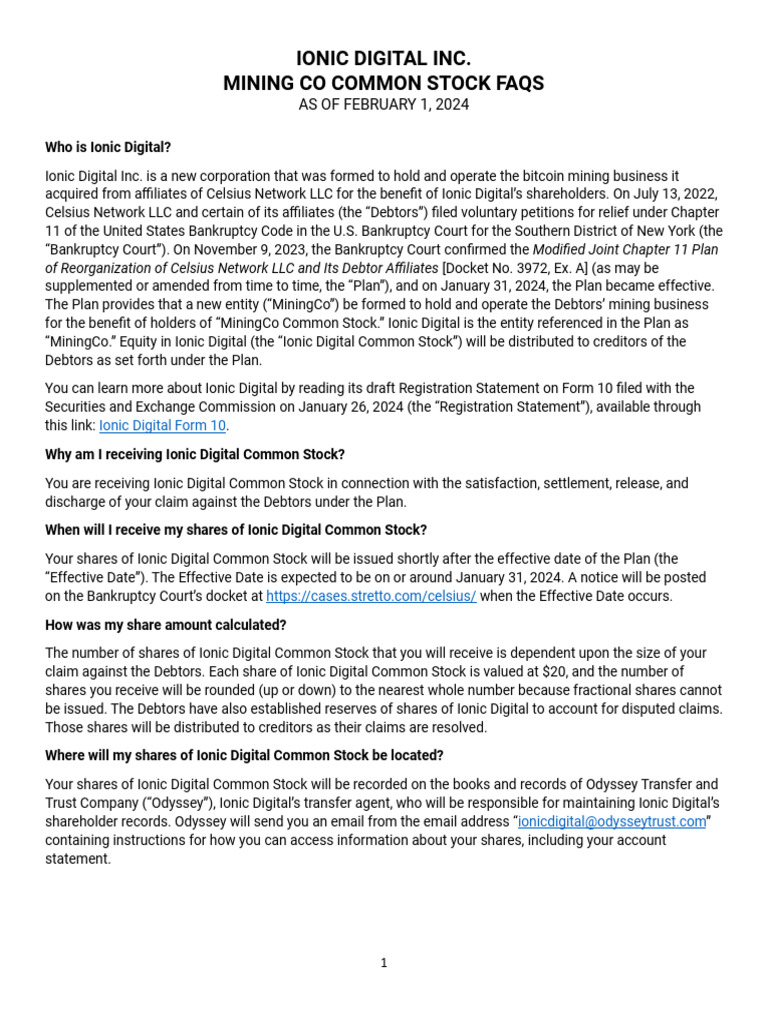 Ionic Digital FAQs | PDF | Chapter 11 | Bankruptcy In The United States