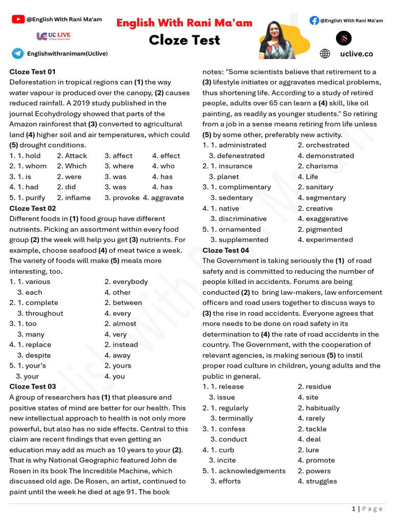 Cloze Test Rani Mam | PDF