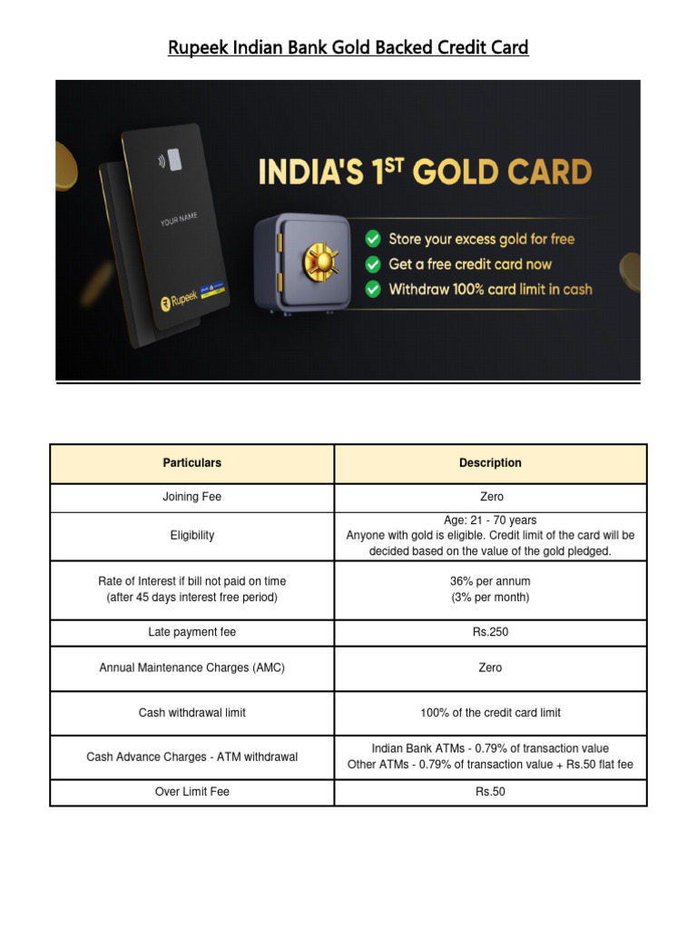 Rupeek Indian Bank Gold Backed Credit Card: Particulars Description | PDF