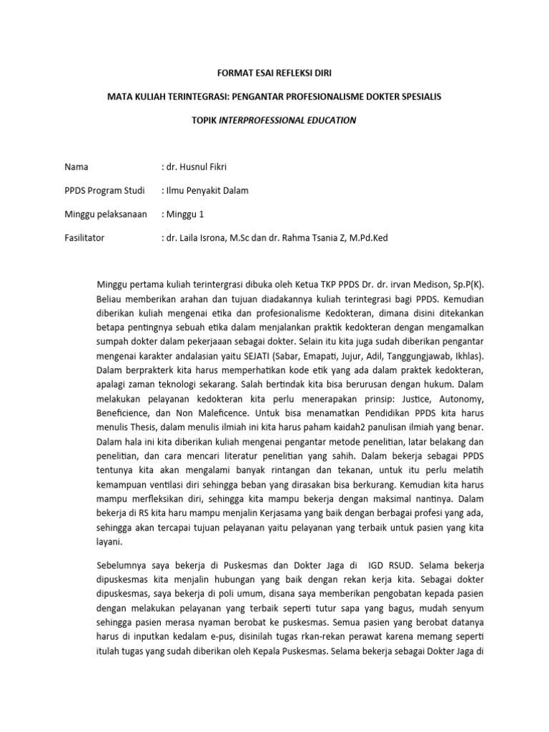 ESAI REFLEKSI DIRI IPE PPDS Dr. HUSNUL FIKRI (ILMU PENYAKIT DALAM) | PDF