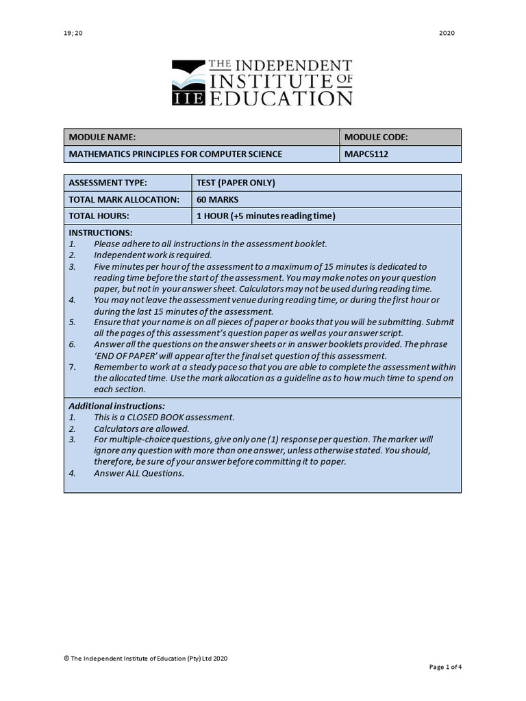 MAPC5112 T1 A | PDF | Numbers | Multiplication