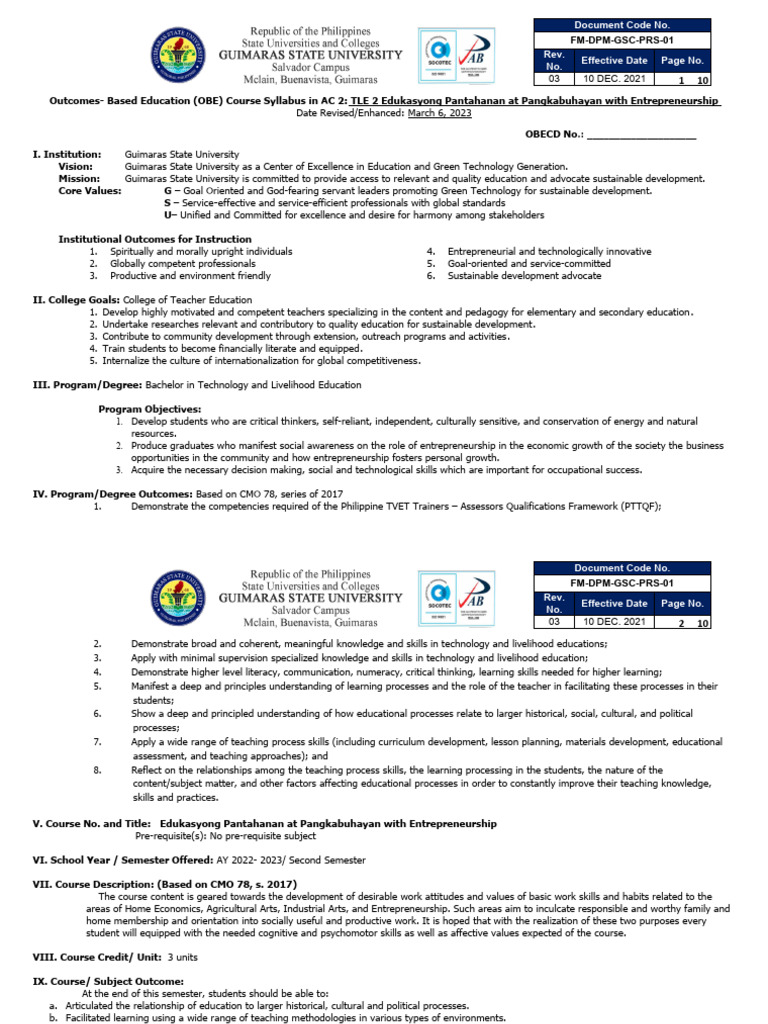TLE EPP Course Syllabus | PDF