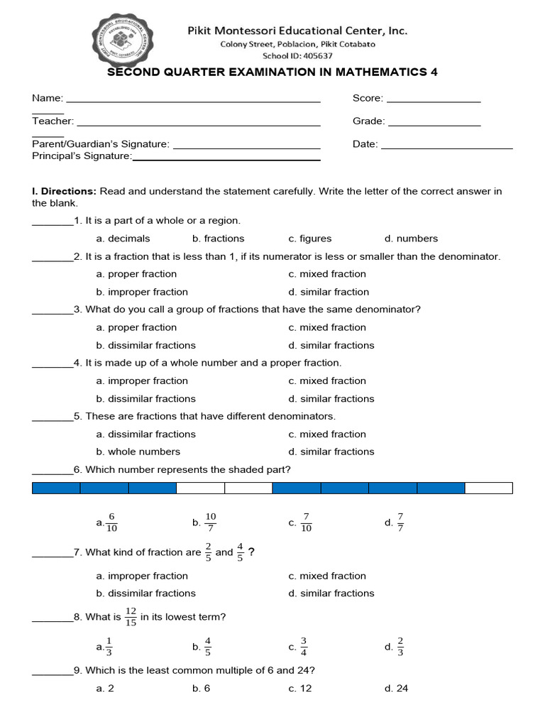 Second QUARTER EXAMINATION IN MATHEMATICS 4 | PDF | Notation | Encodings