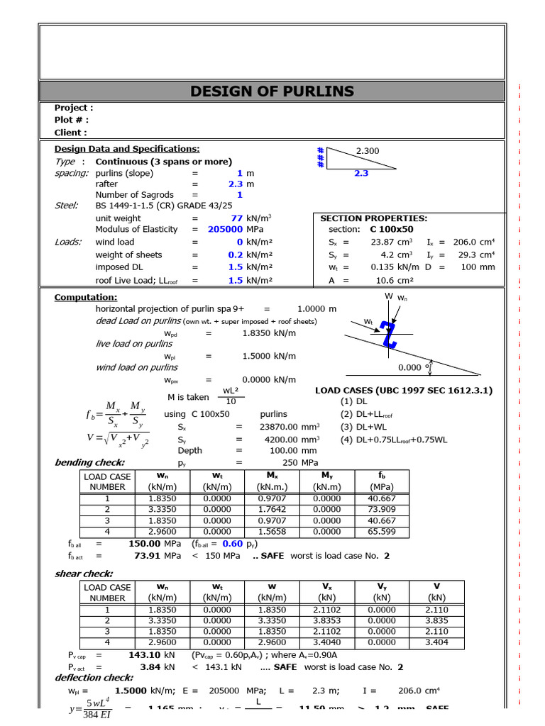 Purlin Design UPN 100 | PDF | Structural Engineering | Applied And Interdisciplinary Physics
