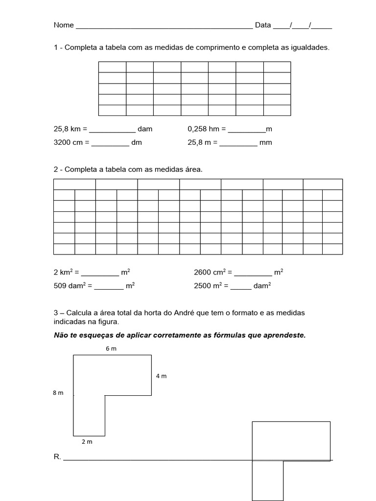 Exercícios de Medidas e Áreas | PDF | Métodos e Materiais de Ensino ...