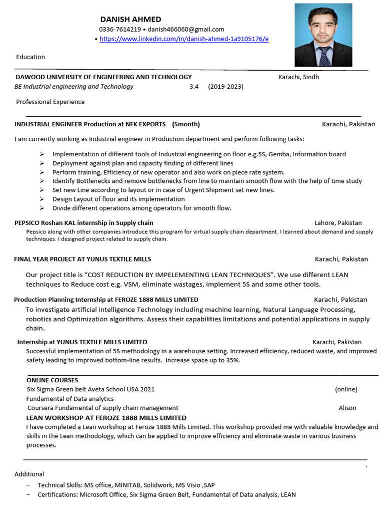 Danish Ahmed Resume | PDF | Industrial Engineering | Lean Manufacturing