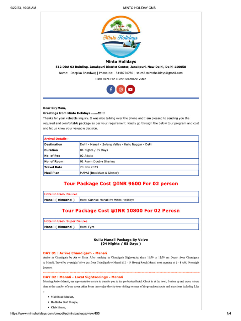 Dear Sir Manali Volvo Package Nov 04 Nights 05 Days | PDF