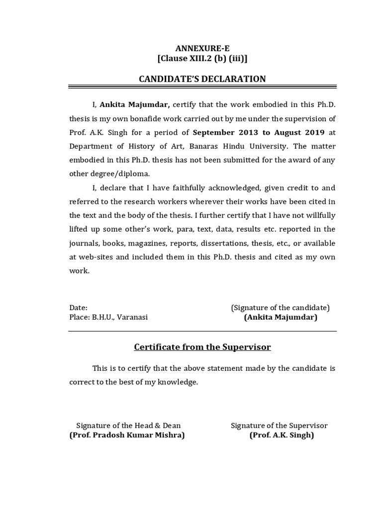 Candidate's Declaration for Ph.D. Thesis | PDF