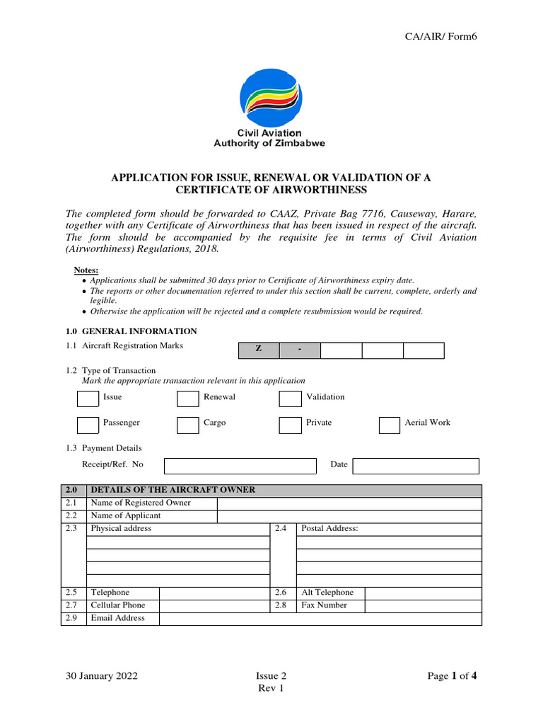CAA Form 6: Airworthiness Application | PDF | Aviation | Transport