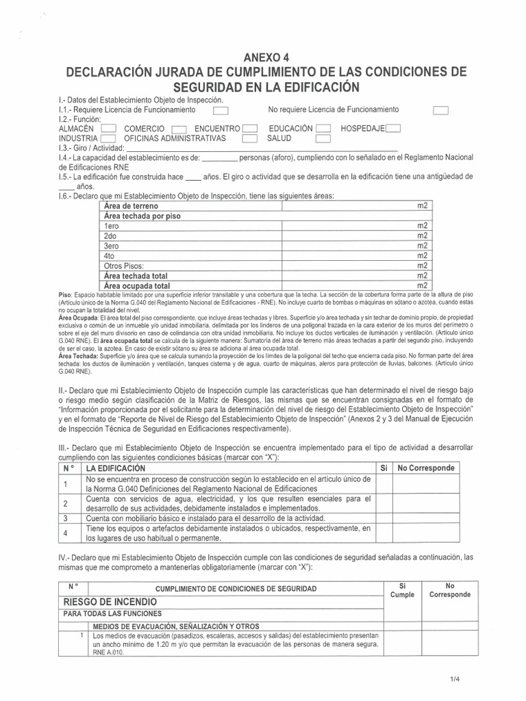 Formato Anexo 4 - Declaracion Jurada de Cumplimiento de Las Condiciones de Seguridad en La ...