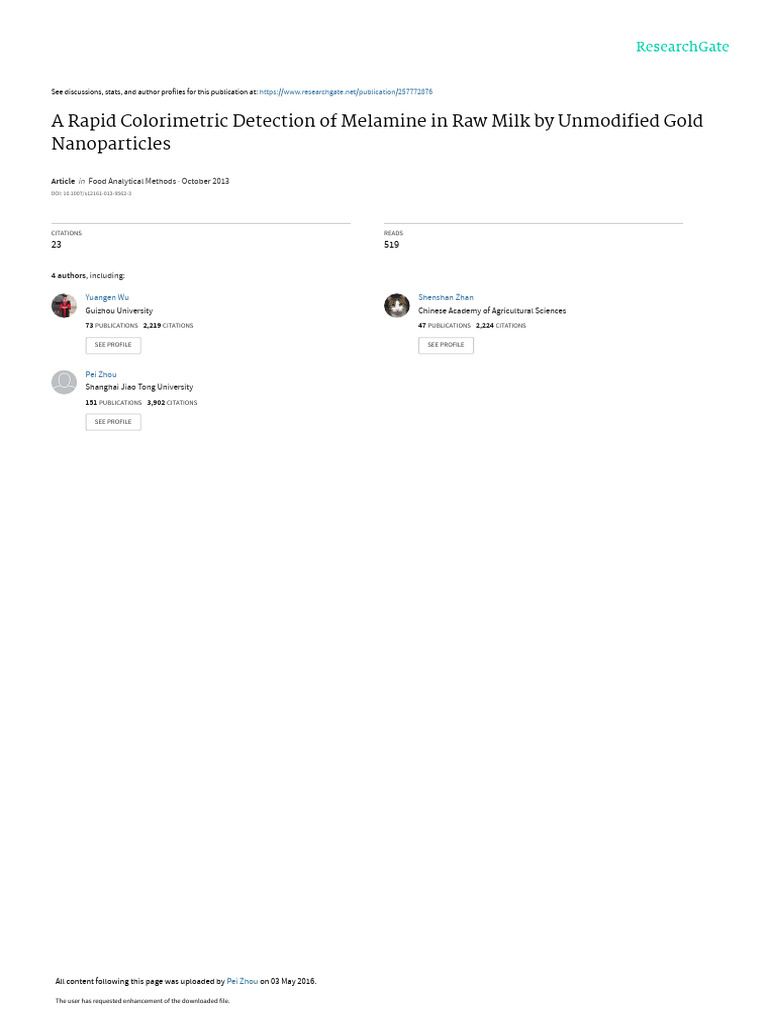 A Rapid Colorimetric Detection of Melamine in Raw Milk by Unmodified ...