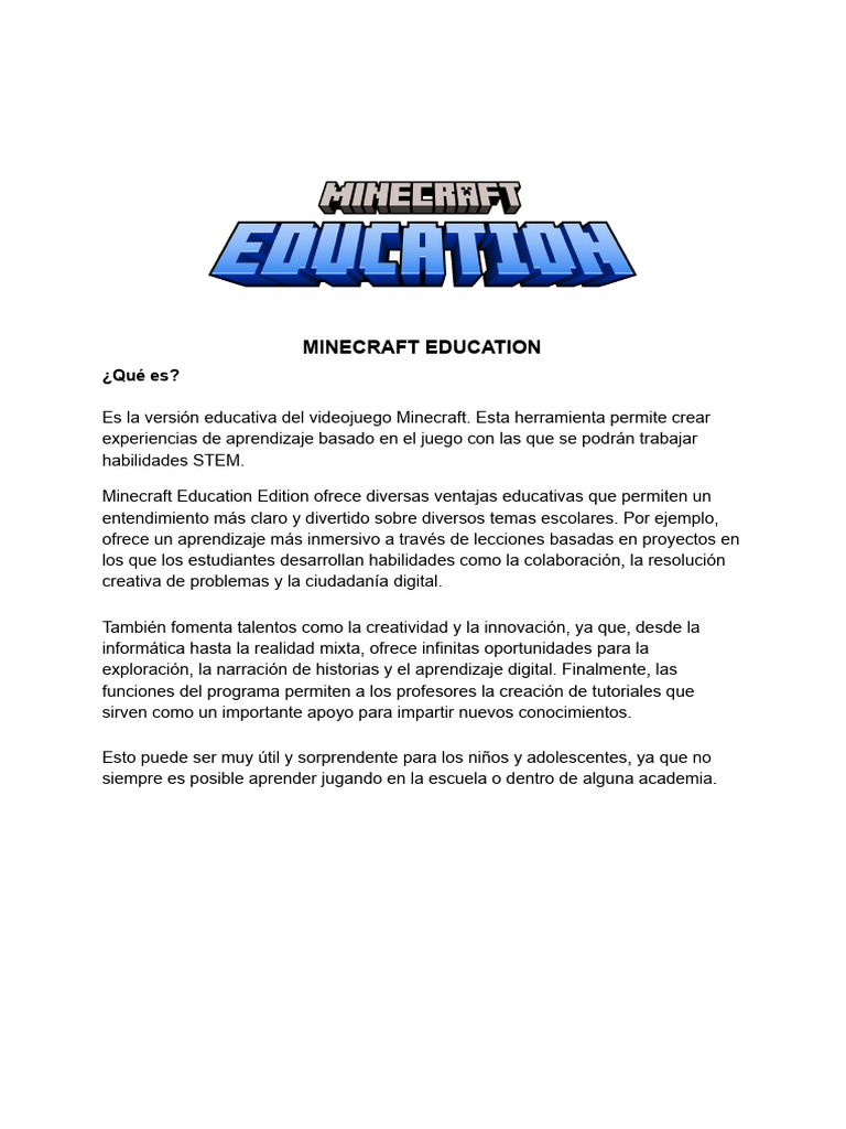 Minecraft Education: Aprende Jugando | PDF | Minecraft | Software de la aplicacion