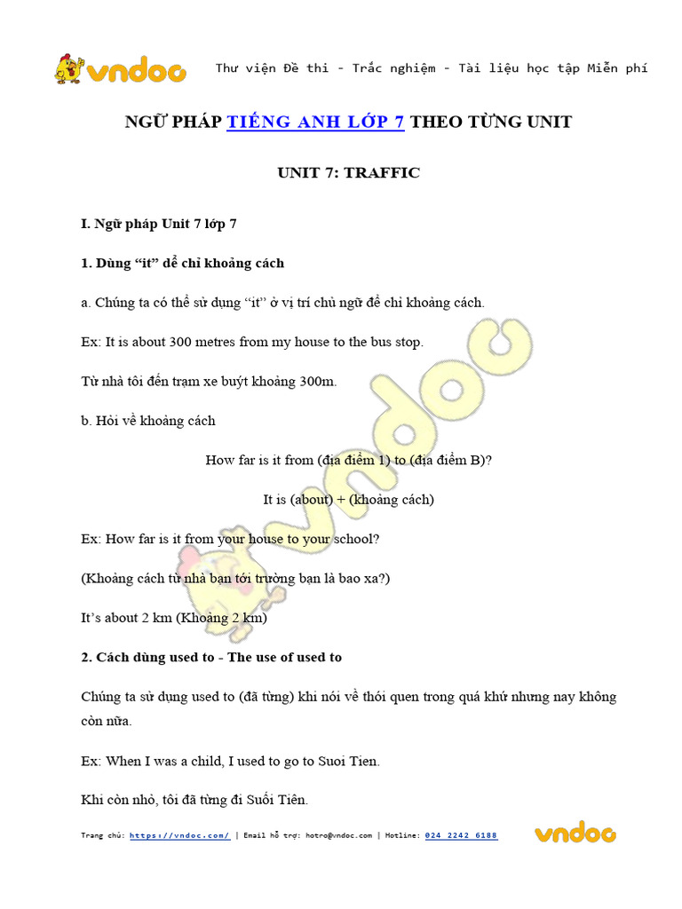Ngu Phap Tieng Anh Lop 7 Chuong Trinh Moi Unit 7 Traffic | PDF