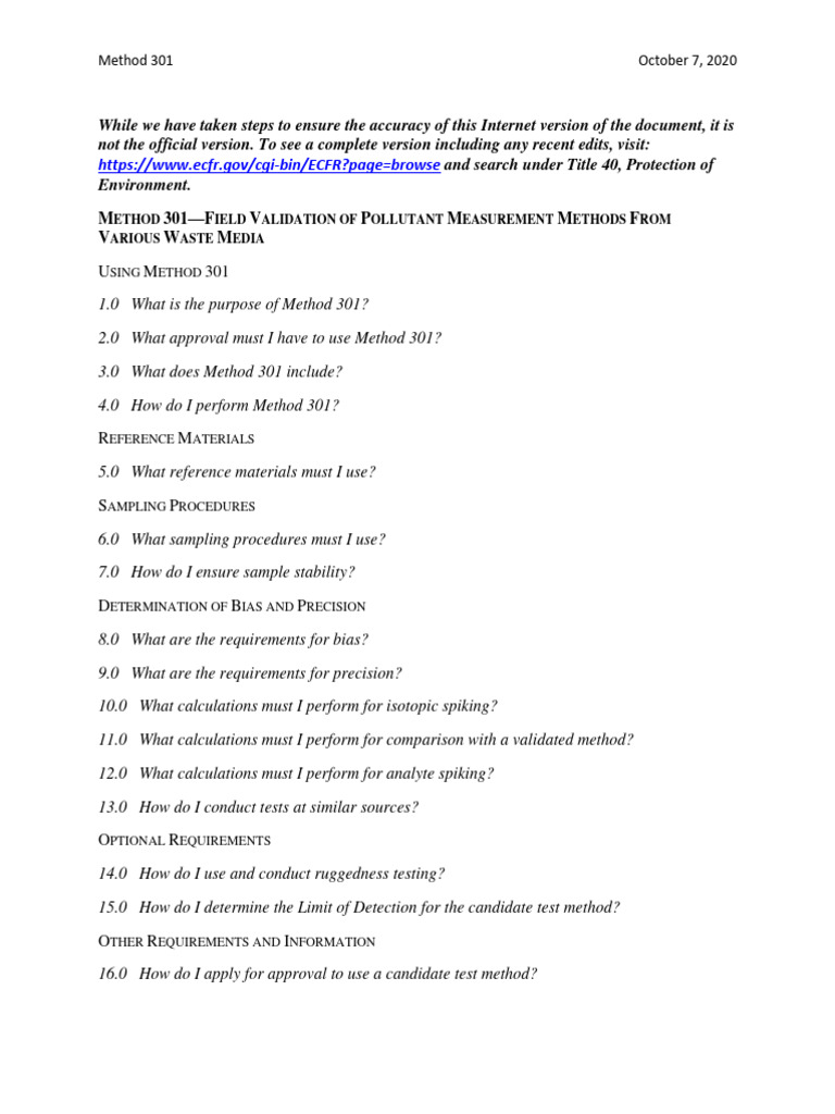 USEPA M 301 - Field Validarion of Polutan Measurement Methods From ...
