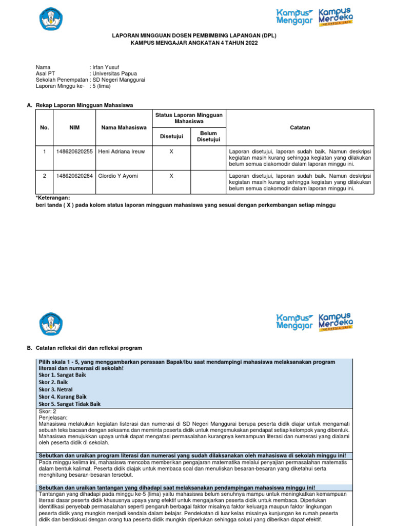 Laporan Mingguan DPL (Minggu 5) | PDF