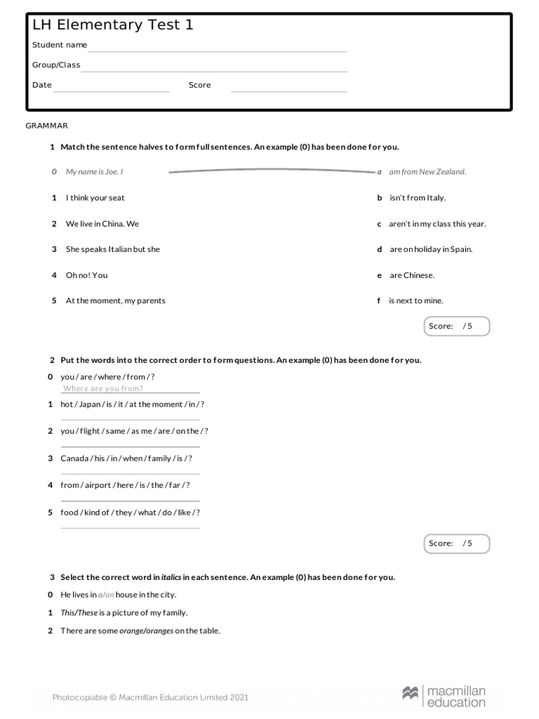 LH Elementary Test 1 | PDF | Linguistics | Human Communication