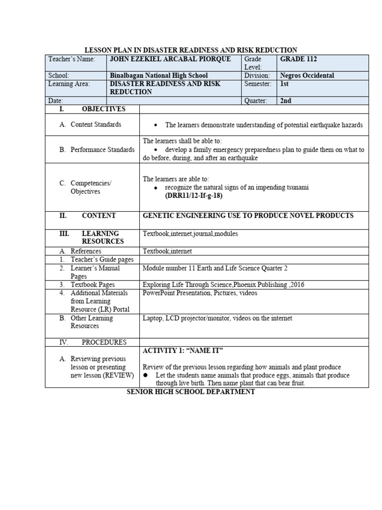 Lesson Plan in Disaster Readiness and Risk Reduction | PDF | Science ...