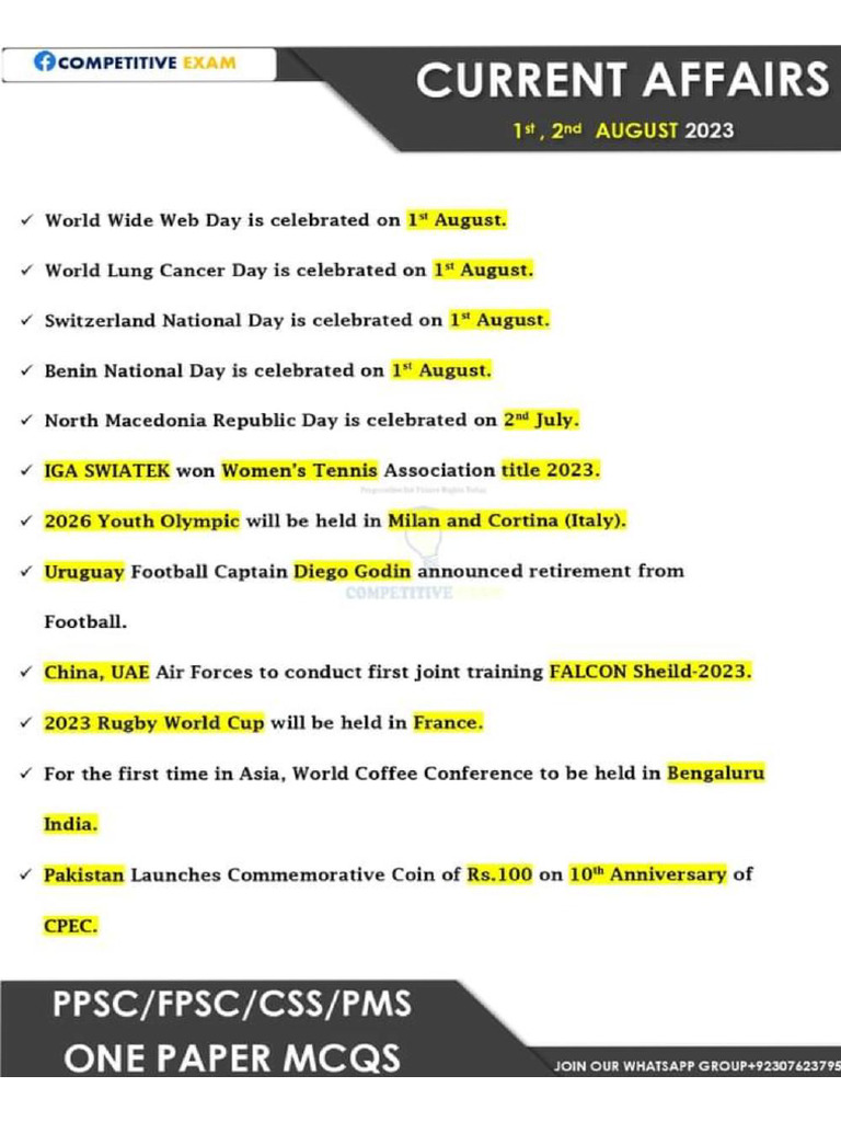 Auguest Current Affairs | PDF