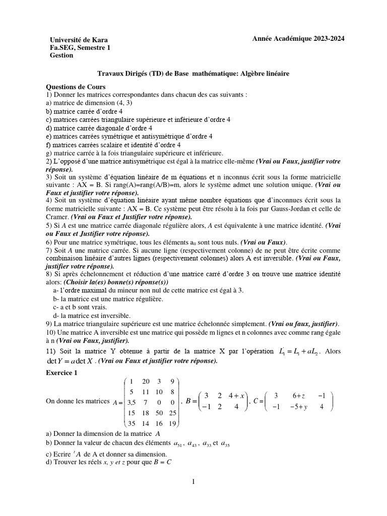 TD Algebre Lineaire 2023-2024 Gestion | PDF | Matrice (Mathématiques) | Physique mathématique
