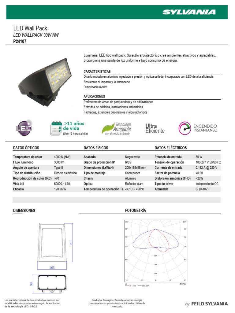 P24107-LED WALLPACK 30W NW (Ficha) | PDF | Diodo emisor de luz | Bienes ...