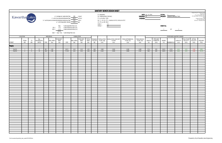 Sanitary Sewer Design Sheet - Kawartha Lakes | PDF | Hydraulic ...