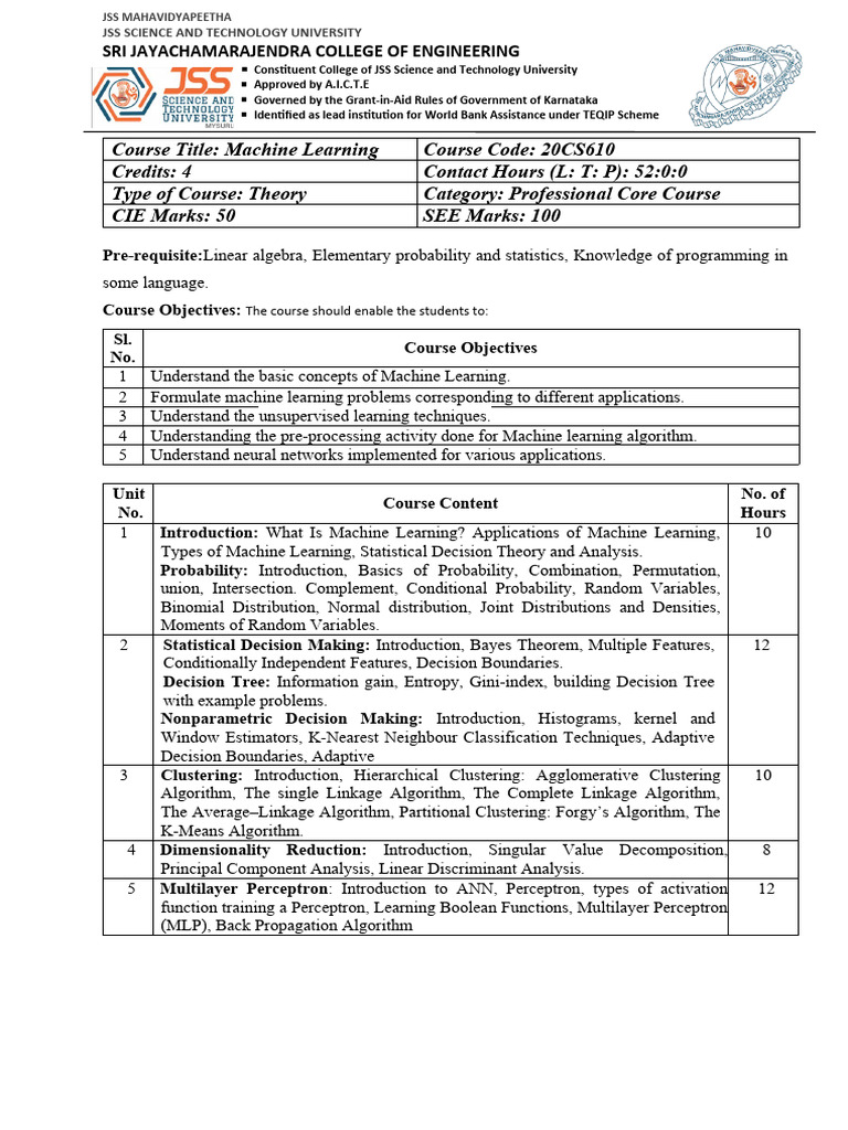 20CS610 ML Syllabus | PDF | Machine Learning | Cluster Analysis