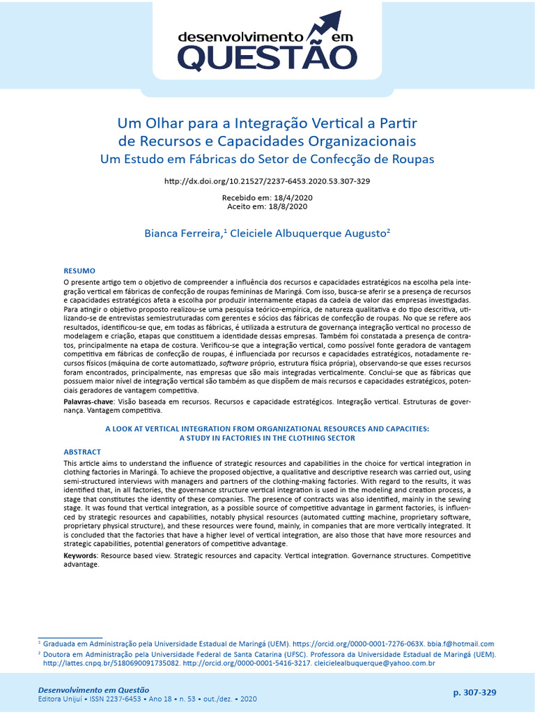 Um Olhar para Integração Vertical A Partir de Recursos e Capacidades ...