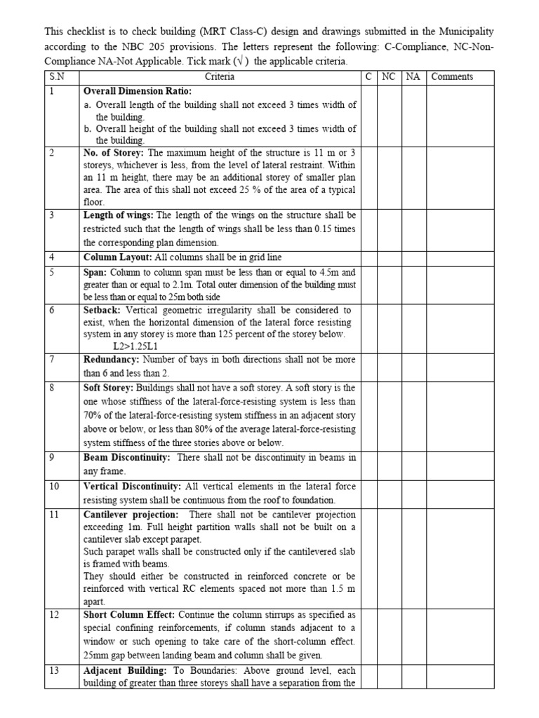 Checklist For C Class RC Building PDF Beam Structure Column