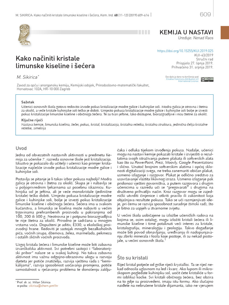 Kako Načiniti Kristale Limunske Kiseline I Šećera: Kemija U Nastavi | PDF