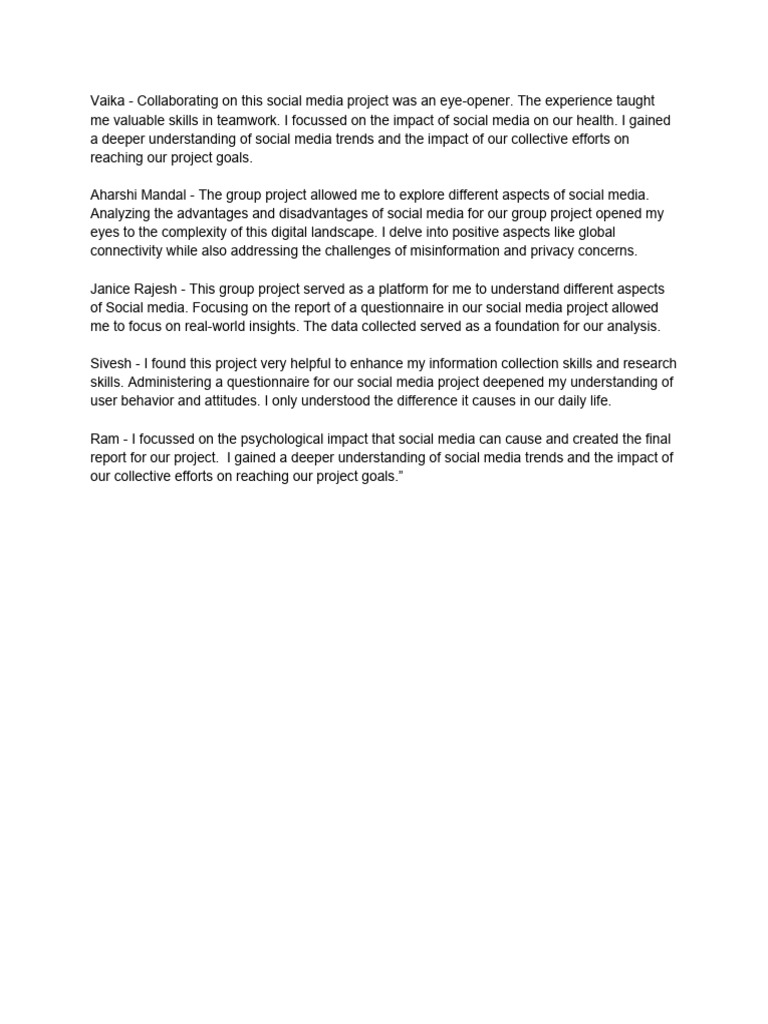 English Project - Student Reflections | PDF