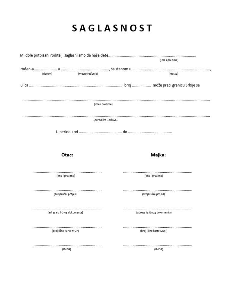 Obrazac Saglasnosti Roditelja | PDF