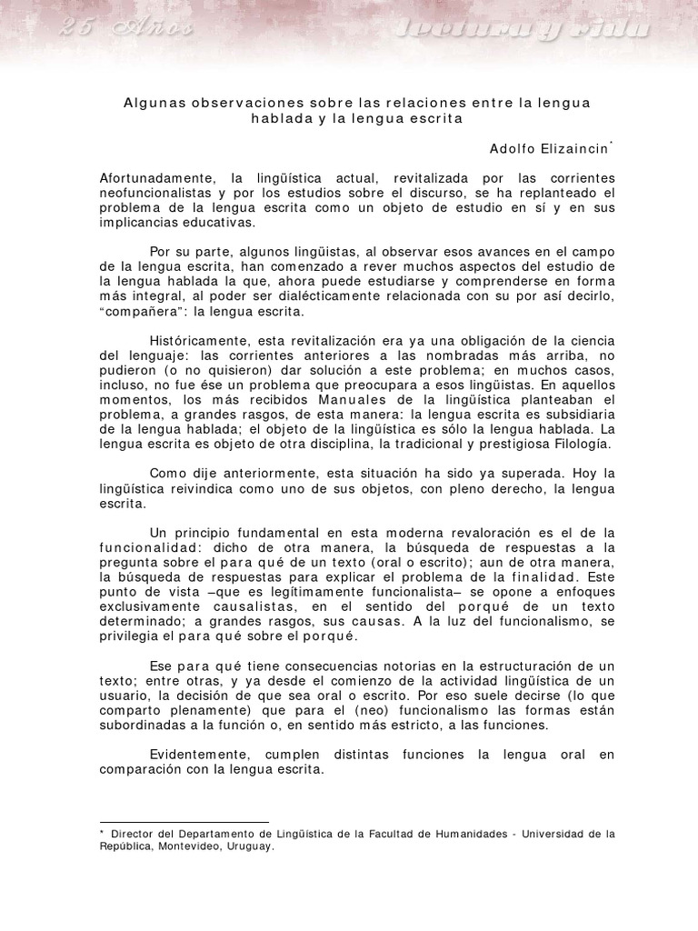 Lengua Oral y Lengua Escrita, Elizaincin, Lectura y Vida | PDF ...