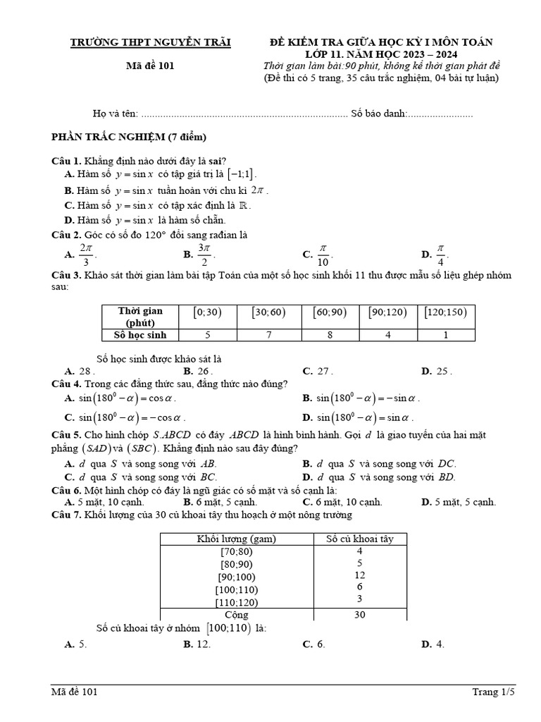 De Giua Hoc Ky 1 Toan 11 Nam 2023 2024 Truong THPT Nguyen Trai Thanh Hoa | PDF