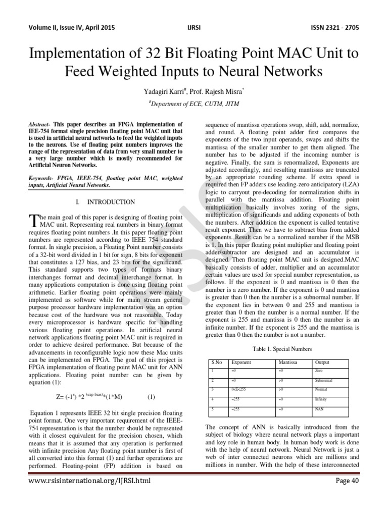 Implementation of 32 Bit Floating Point MAC Unit To Feed Weighted Inputs To Neural Networks ...