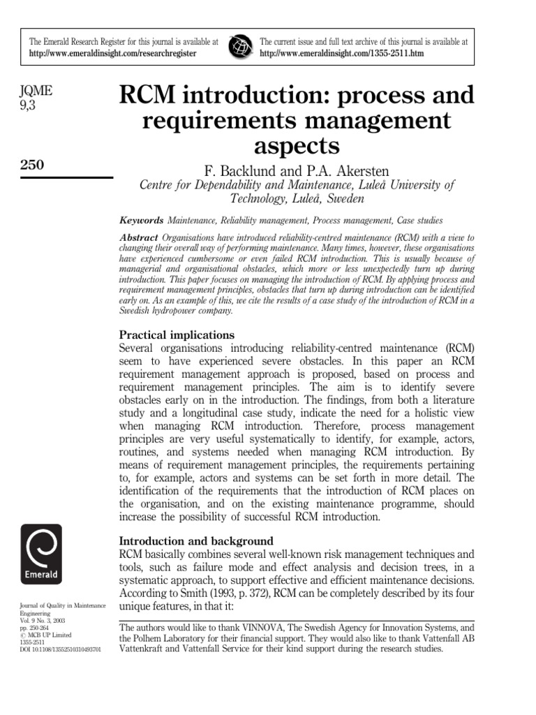 RCM Introduction- Process and Requirements Management Aspects | PDF | Information | Reliability ...