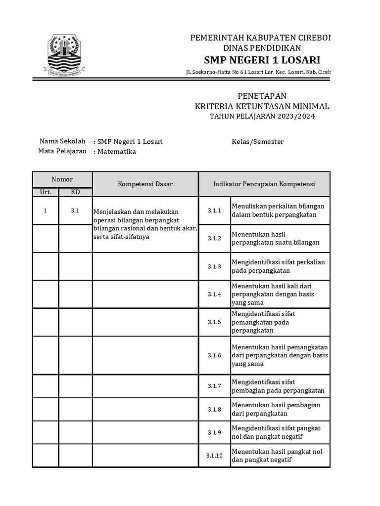 KKM SMT 1 Matematika Kelas 9 | PDF