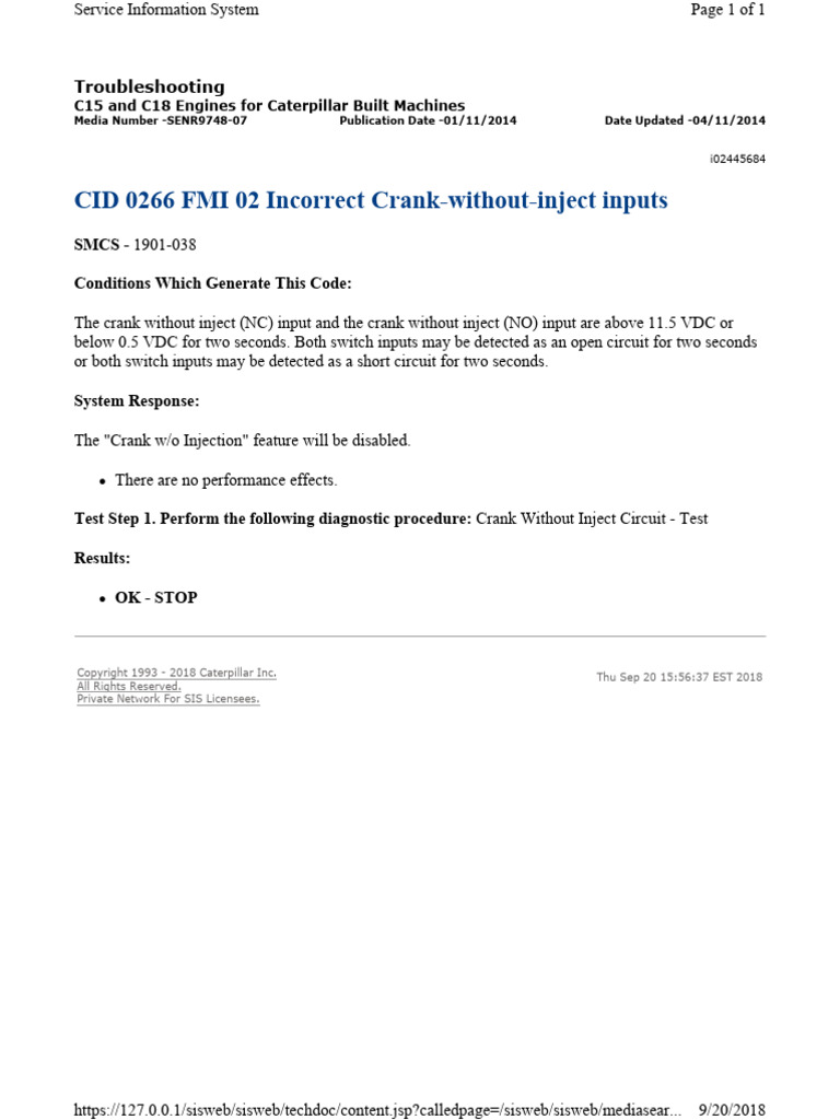 Troubleshooting Cat C15 - CID 0266 FMI 02 Incorrect Crank-Without ...