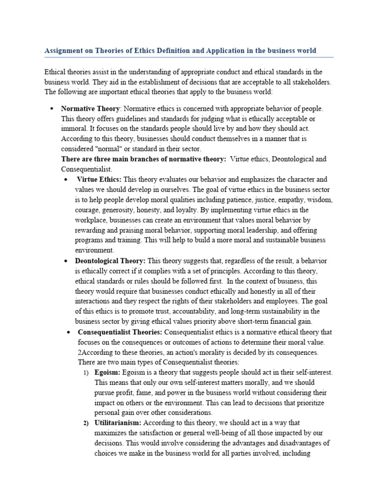 Assignment On Theories of Ethics Definition and Application in The ...