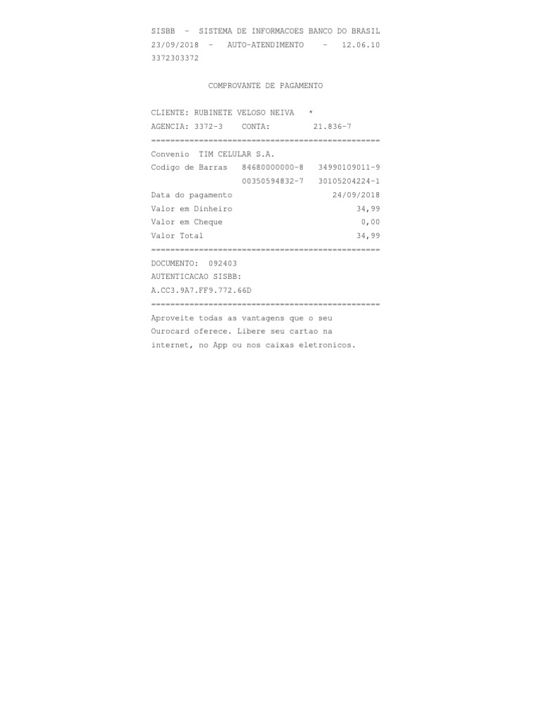 Comprovante Pagamento TIM 24/09/2018 | PDF