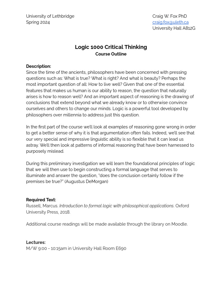 Course Outline - Logic 1000 Critical Thinking | PDF | Logic | Reason