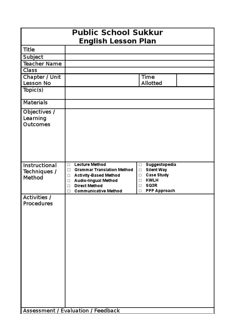 English Lesson Plan Template | PDF | Lesson Plan | Educational Assessment