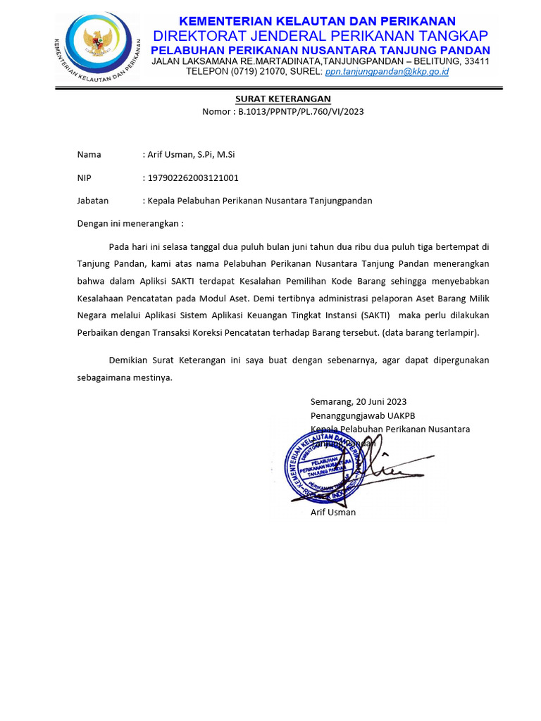 Surat Keterangan Koreksi Pencatatan 2023 | PDF