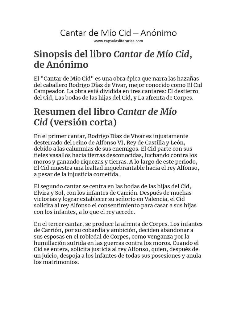 Resumen de Cantar de - Mio Cid | PDF