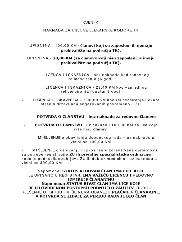 1.1. Cjenik Usluge Za Clanstvo Od 01012022 | PDF