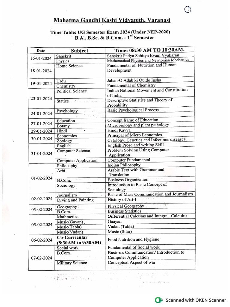 Ug I Semester Time Table | PDF