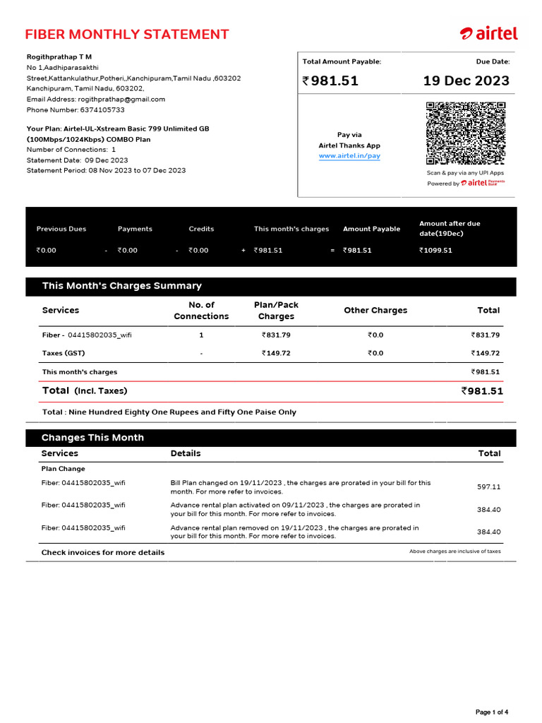 Fiber Monthly Statement: This Month's Charges Summary | PDF | Cheque ...