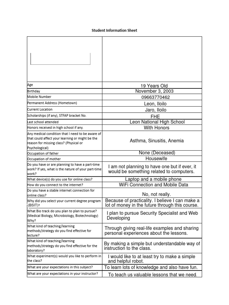 Student Information Sheet Overview | PDF | Learning | Cognition