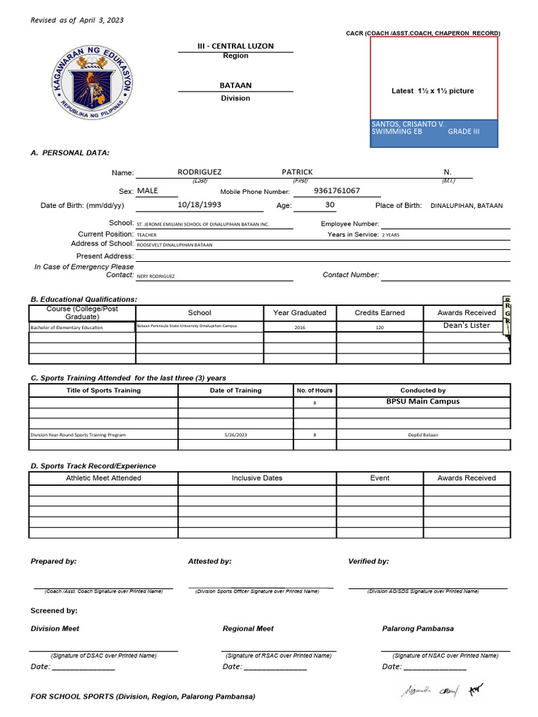Coach Asst Coach Chaperon Record Record | PDF