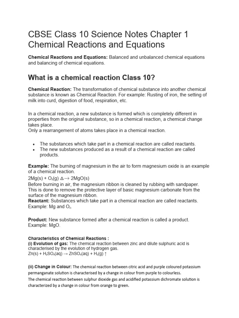 CBSE Class 10 Science Notes Chapter 1 Chemical Reactions and Equations ...